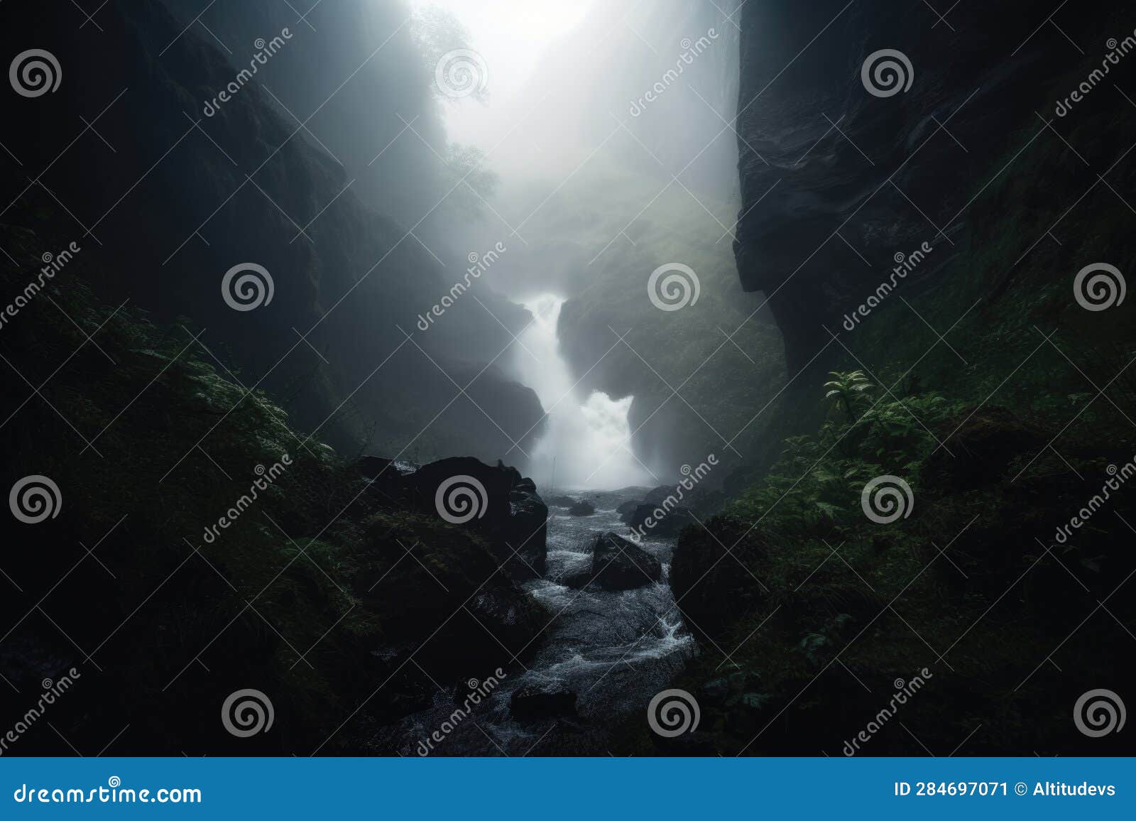 Waterfall Plunging into Deep, Dark Abyss, with Mist Rising Stock ...