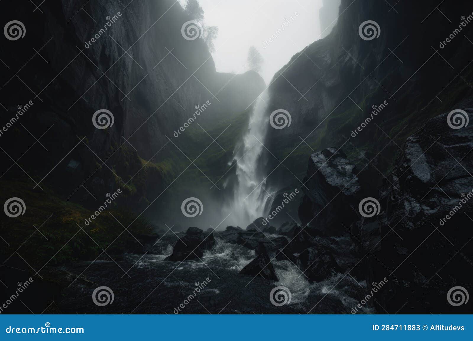 Waterfall Plunging into Deep, Dark Abyss, with Mist Rising Stock ...