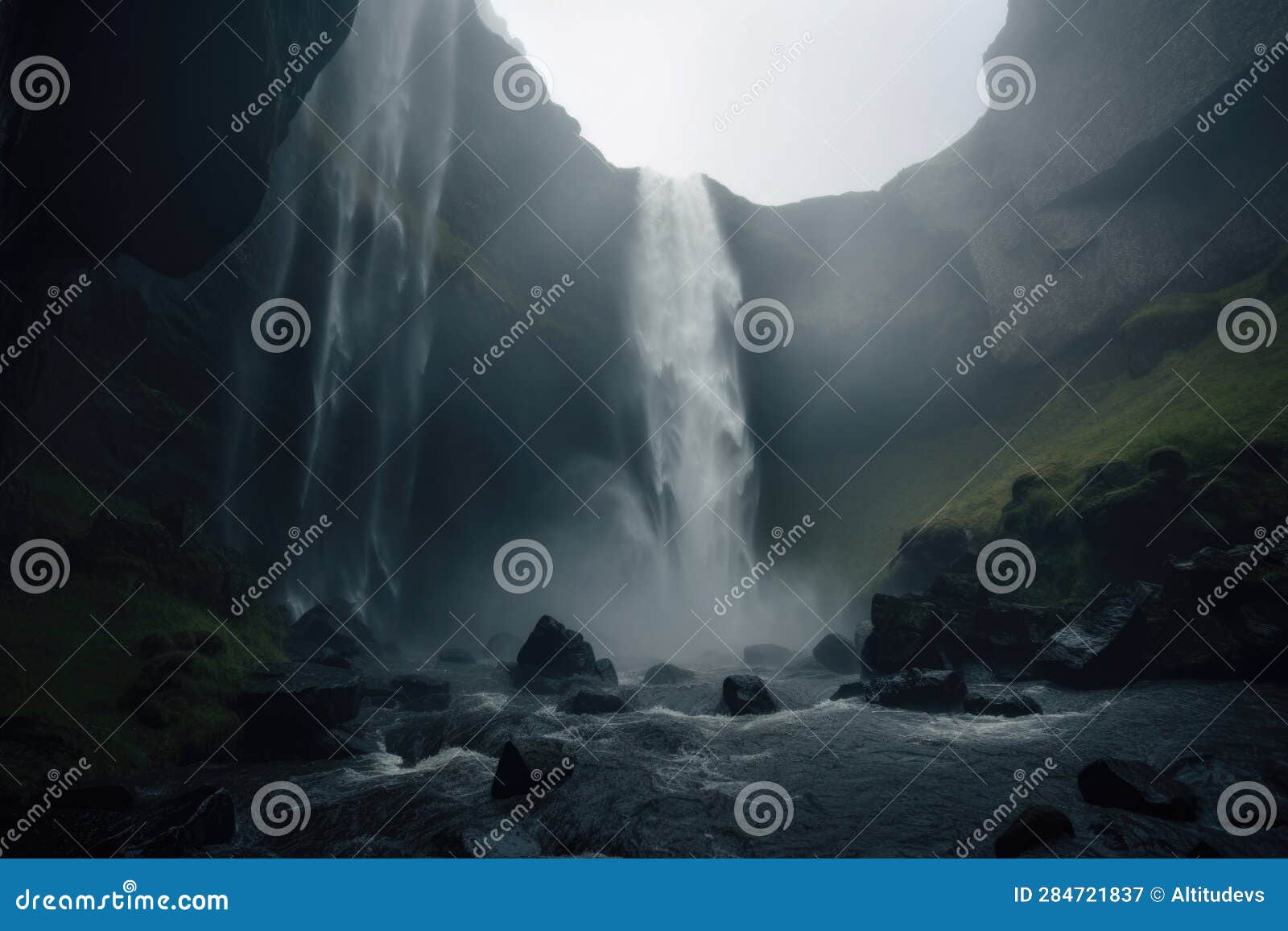 Waterfall Plunging into Deep, Dark Abyss, with Mist Rising Stock ...