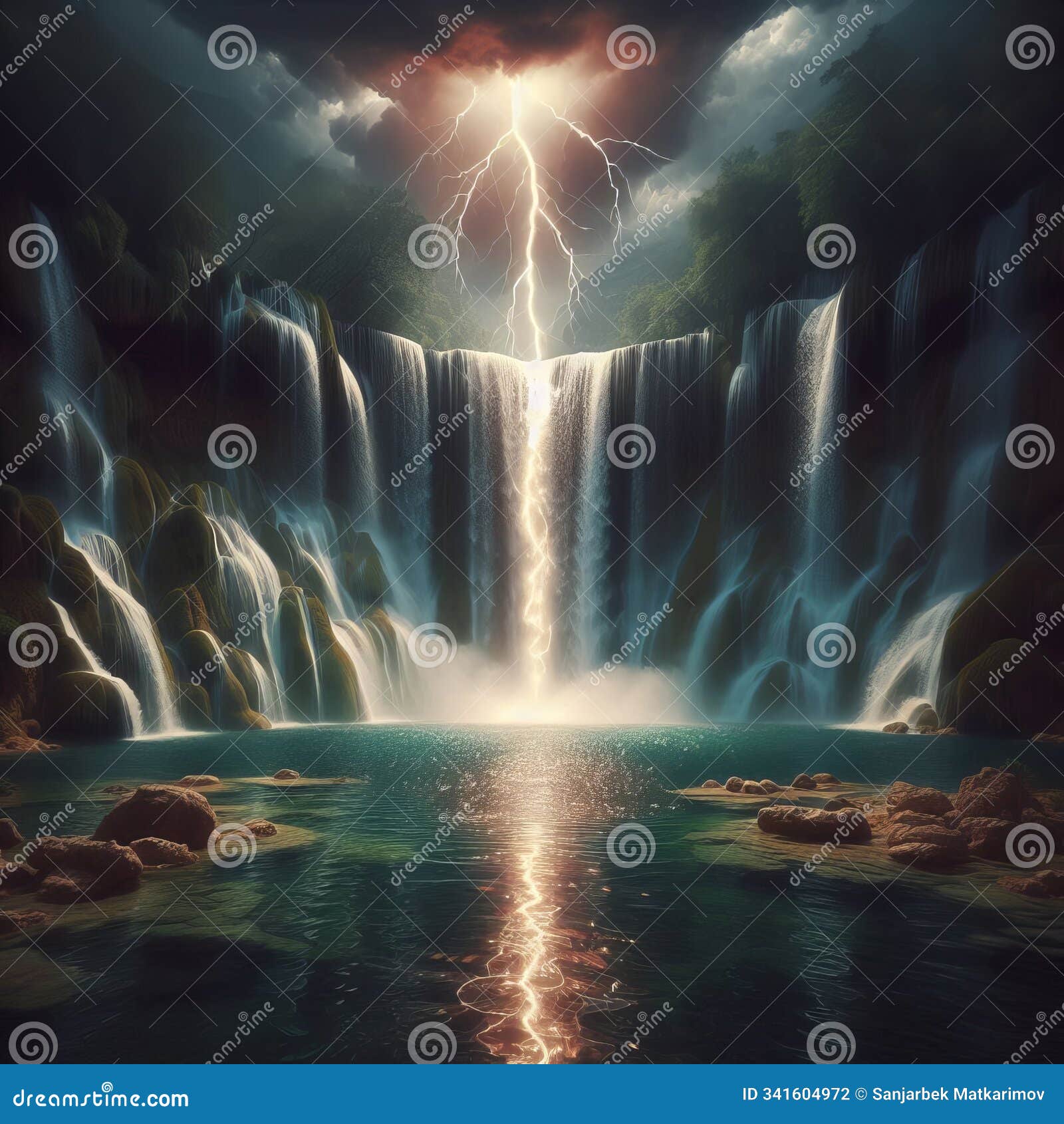 Waterfall Pool Lightning Lightning Striking the Pool of Water Be Stock ...