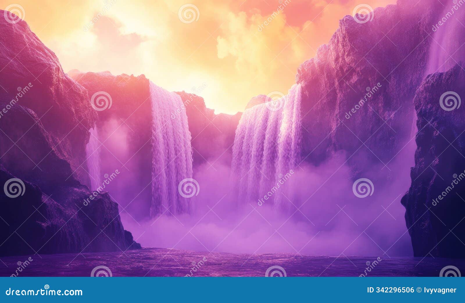 A Waterfall In A Purple Cave, Lit By Light Beams Stock Image ...