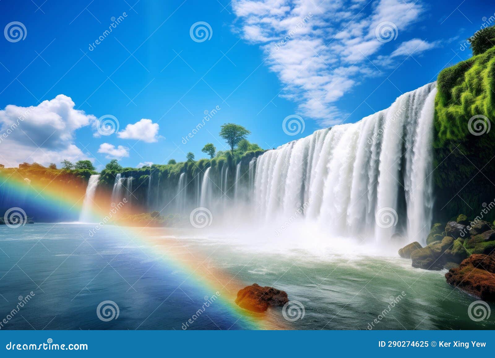 Waterfall with Rainbow stock illustration. Illustration of view - 290274625