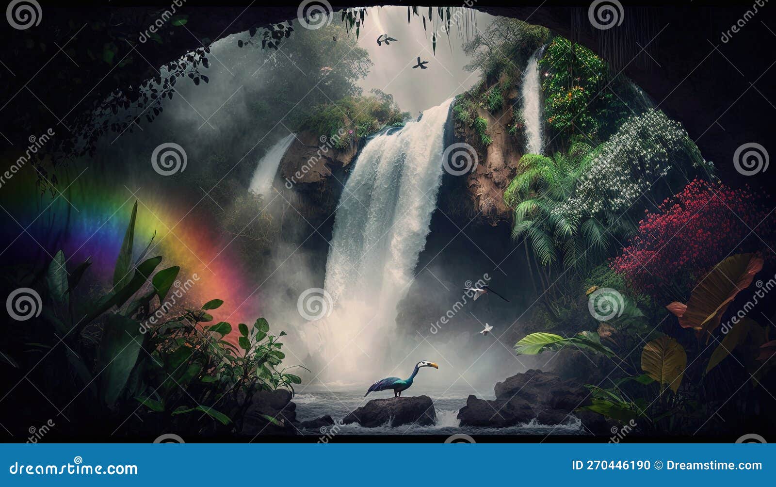 A Waterfall with a Rainbow in the Middle of it and Birds Flying Around ...