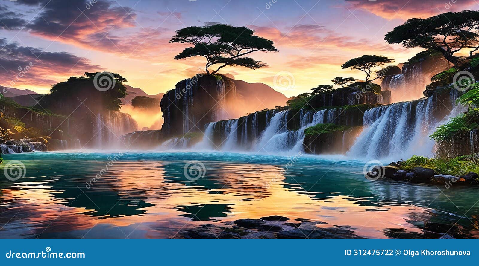 Waterfall Reflecting the Colors of the Sunset in Its Shimmering Waters ...