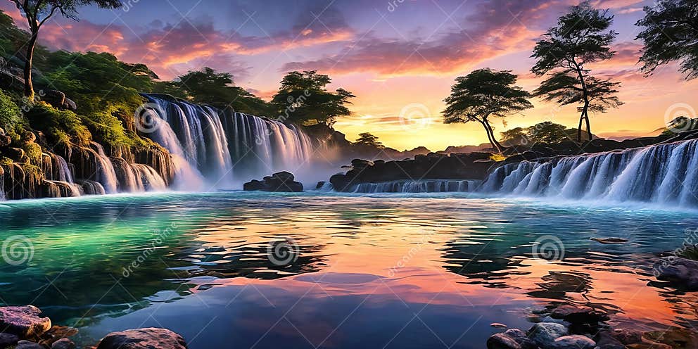 Waterfall Reflecting the Colors of the Sunset in Its Shimmering Waters ...