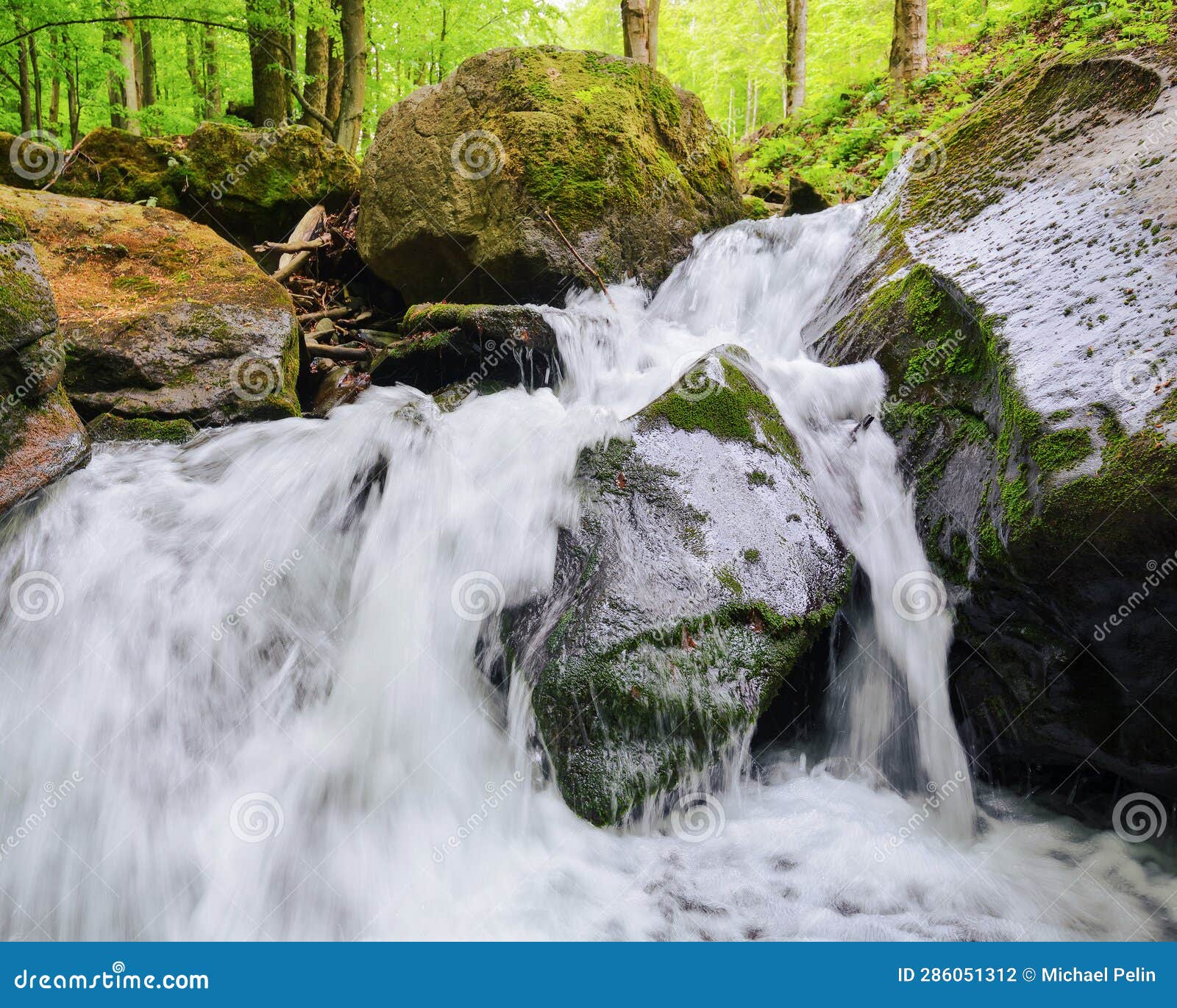 Waterfall among the Rocks. Creek in the Forest Stock Photo - Image of ...