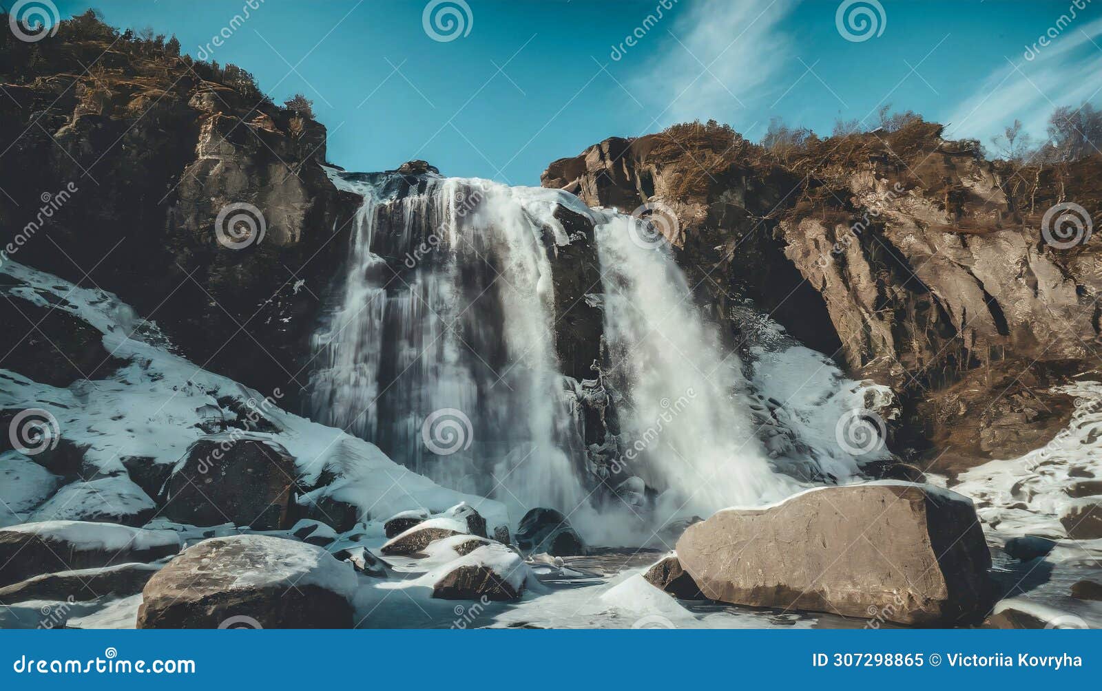 Waterfall with Rocks and Ice and Blue Sky Stock Illustration ...