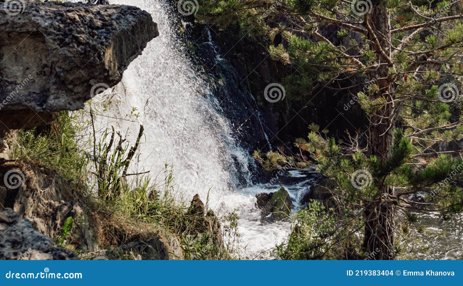 Waterfall, rocks and pines stock photo. Image of cliff - 219383404