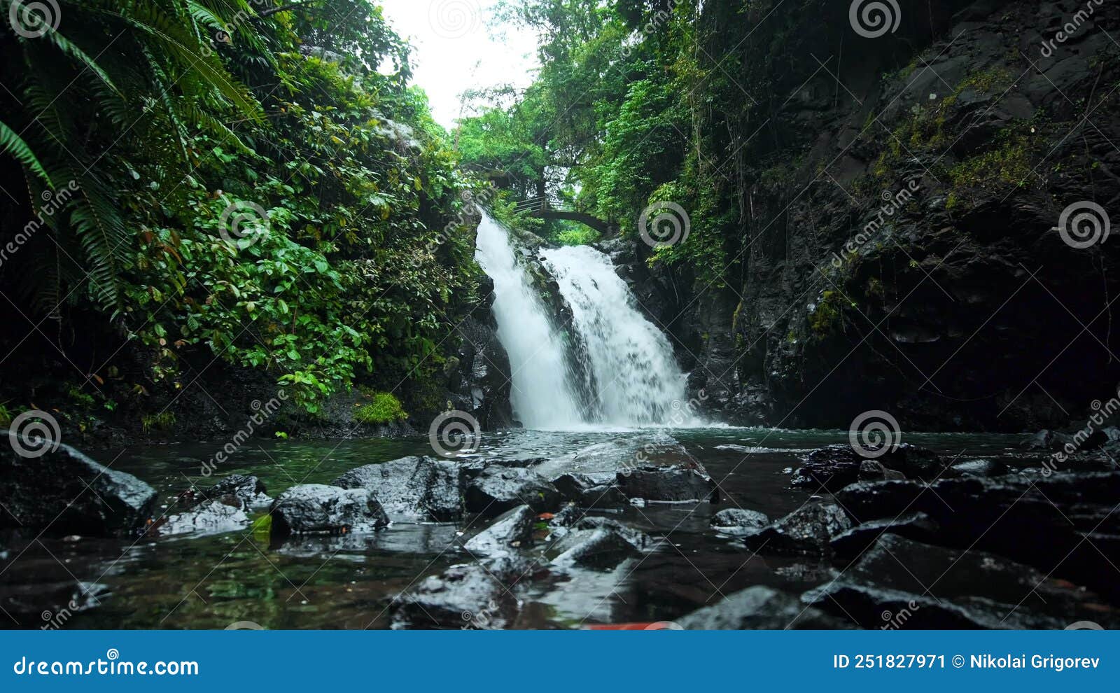 Waterfall with Rocks among Tropical Jungle with Green Plants and Trees ...