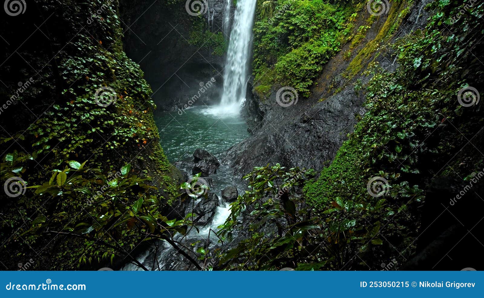 Waterfall with Rocks among Tropical Jungle with Green Plants and Trees ...