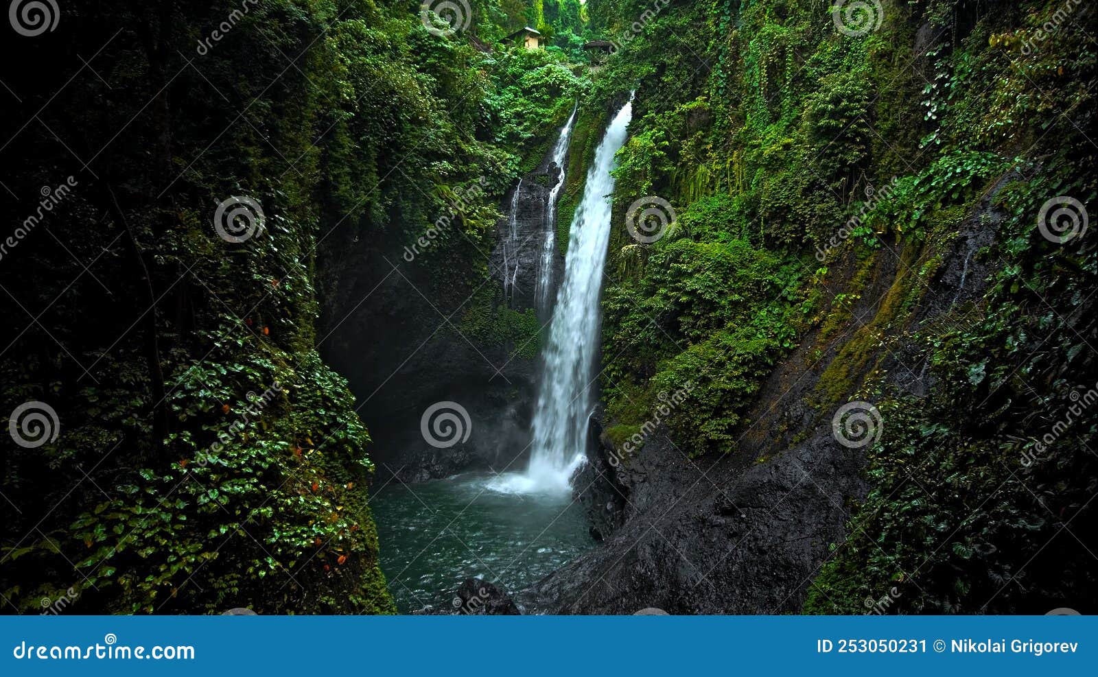 Waterfall with Rocks among Tropical Jungle with Green Plants and Trees ...