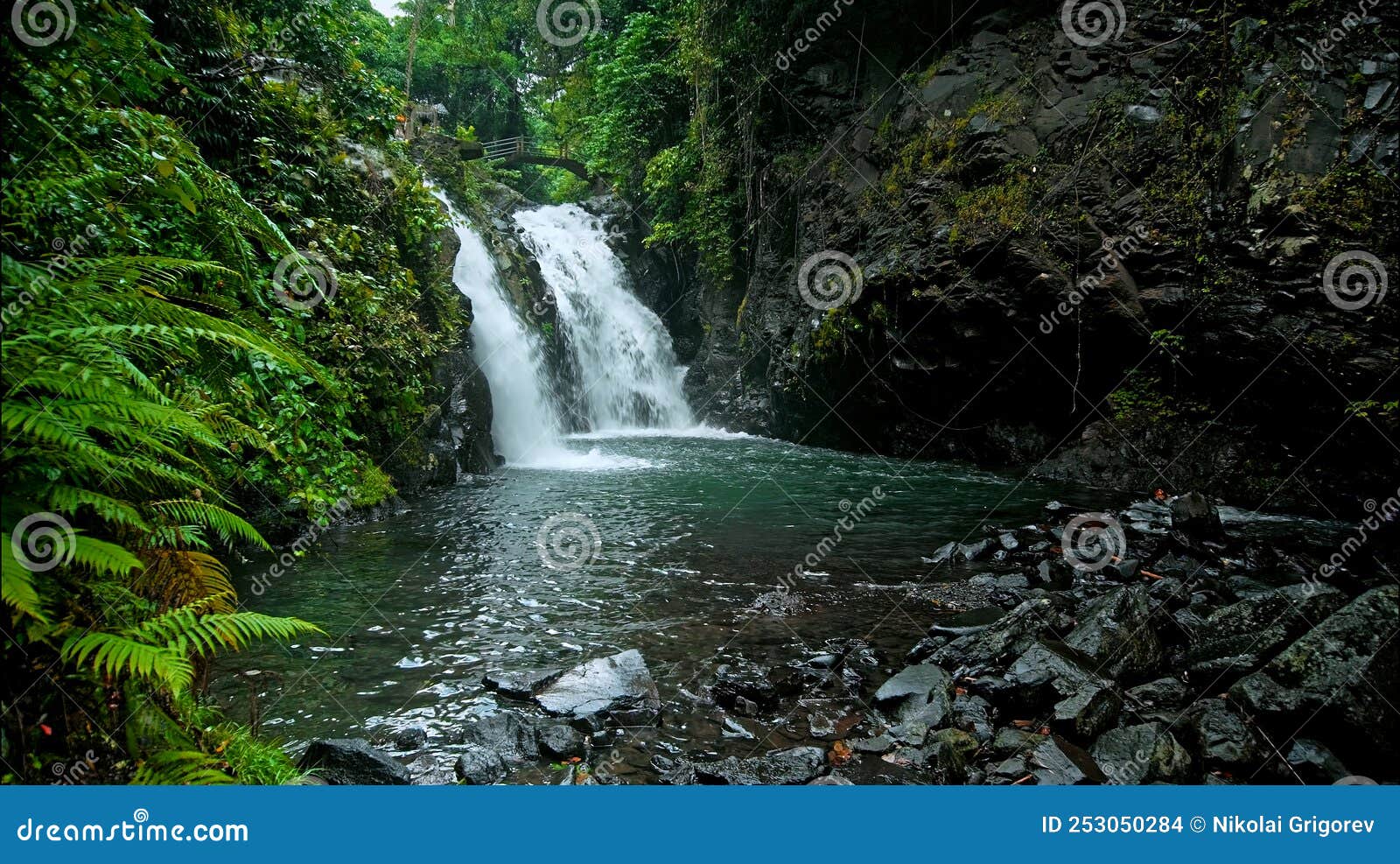 Waterfall with Rocks among Tropical Jungle with Green Plants and Trees and Water Falling Down ...