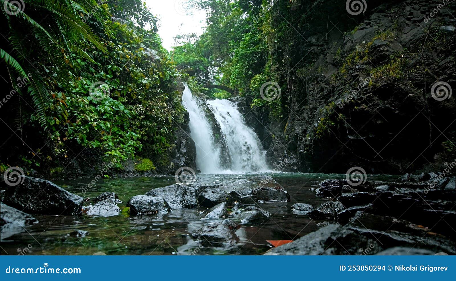 Waterfall with Rocks among Tropical Jungle with Green Plants and Trees and Water Falling Down ...