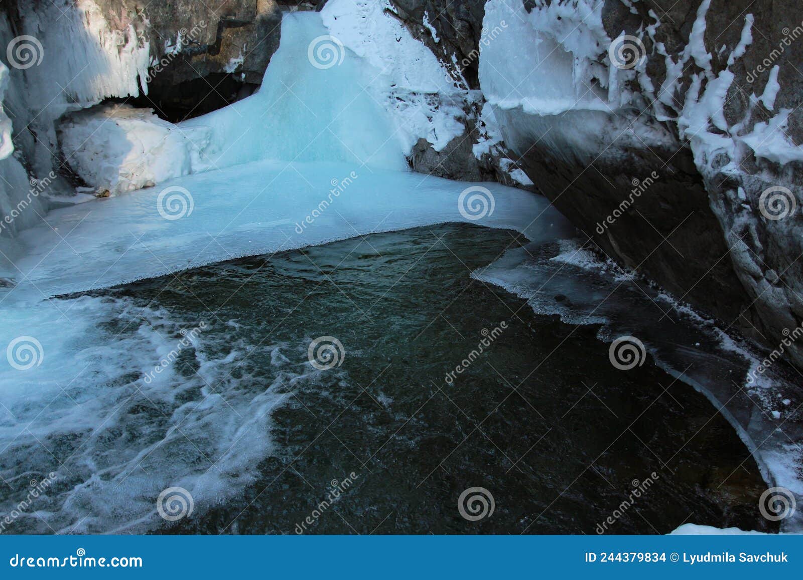 The Waterfall Runs Off the Cliff in Winter Stock Photo - Image of ...