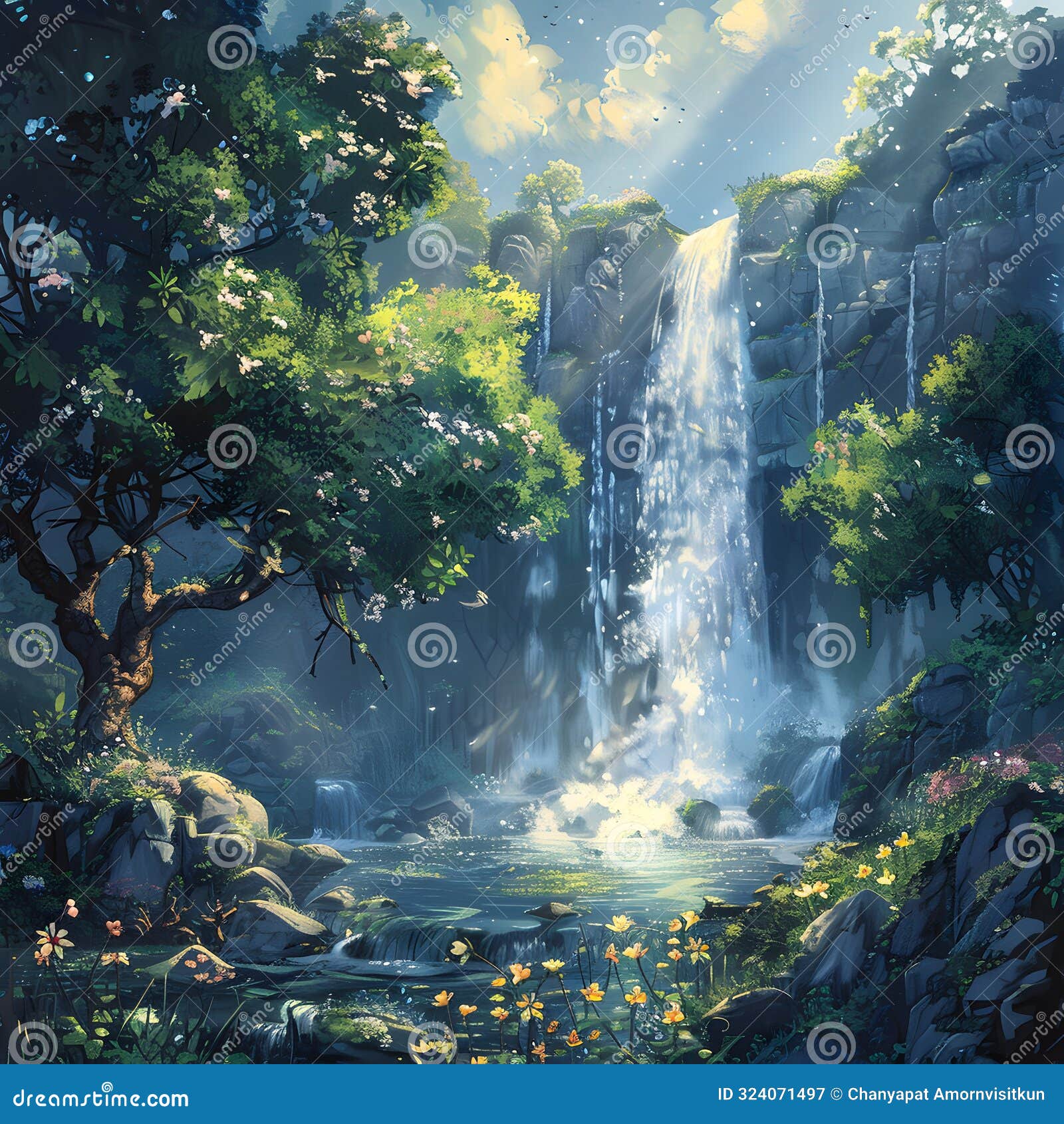 Waterfall Scene stock illustration. Illustration of beautiful - 324071497