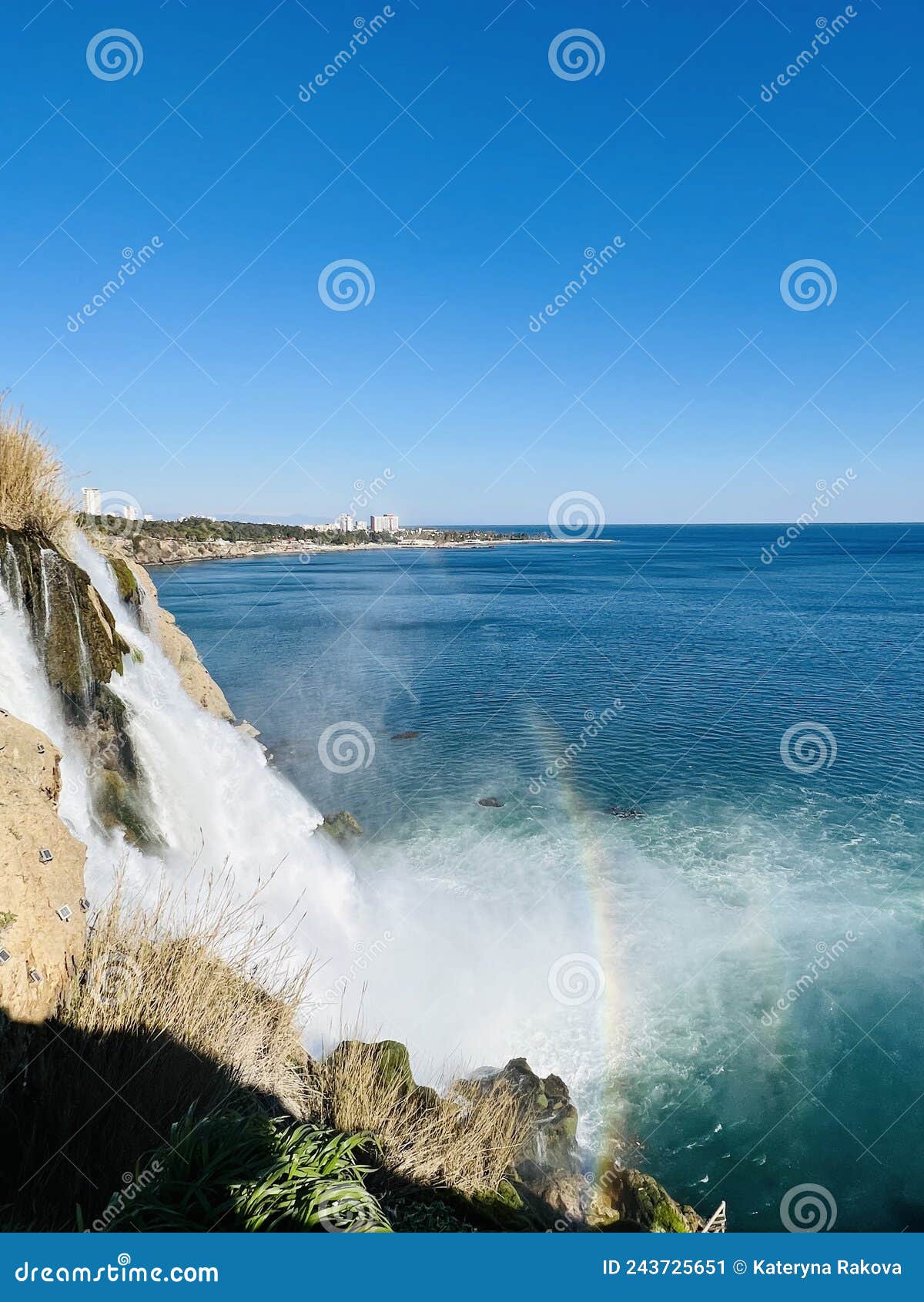 Waterfall in the sea stock image. Image of cliff, water - 243725651