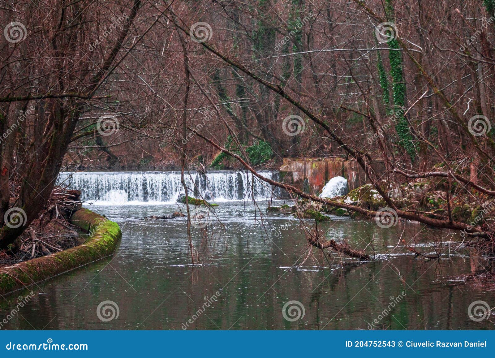 A Waterfall Seen from a Distance among Trees and Branches Stock Image ...