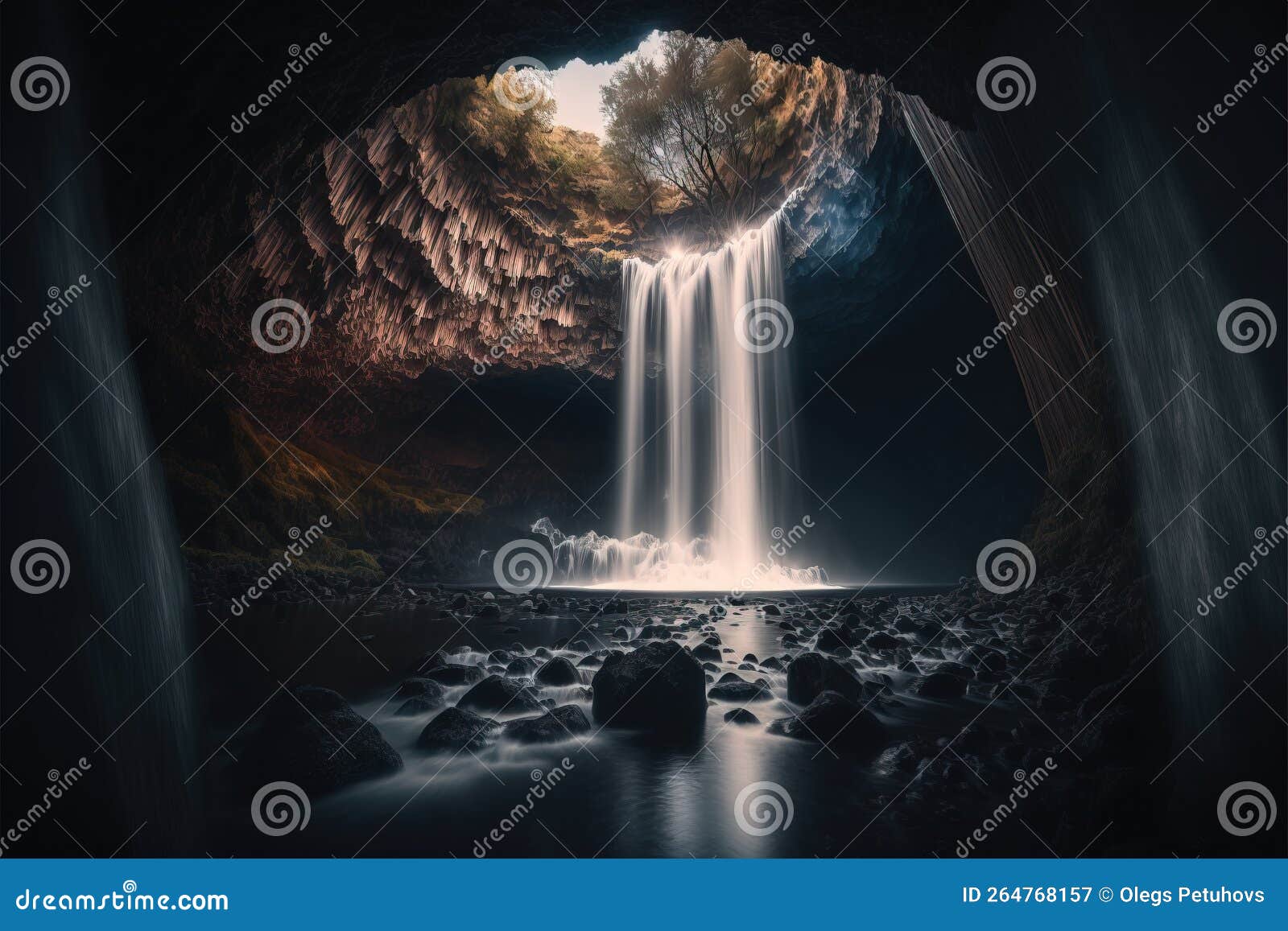 A Waterfall is Seen from the Inside of a Cave with a Waterfall in the ...