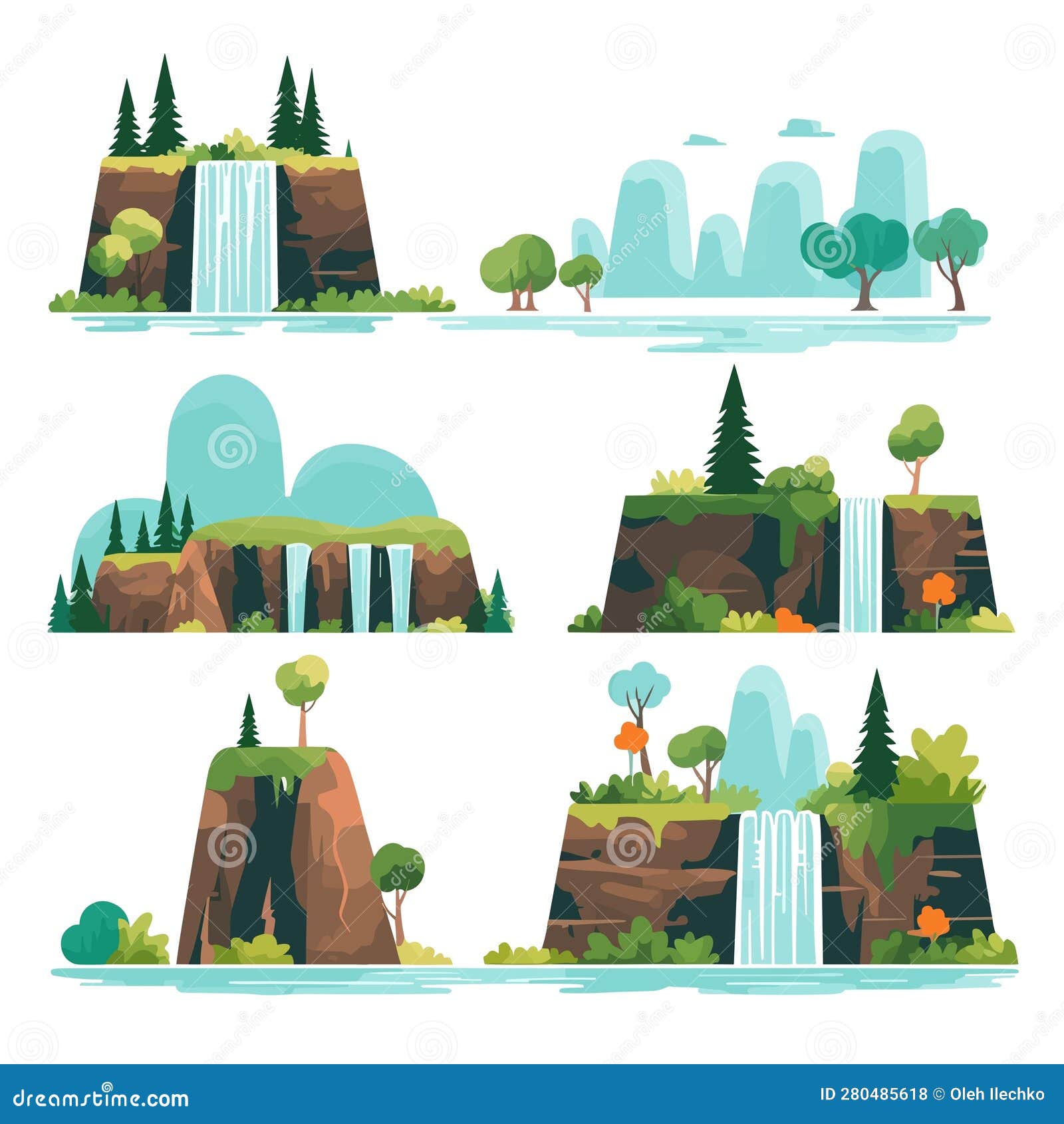 Waterfall Set Vector Isolated on White Illustration Stock Vector ...