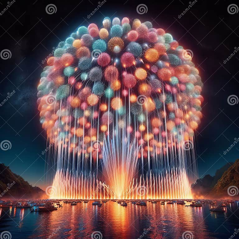36 36. Waterfall Shells_ Large, Spherical Fireworks Th Stock Photo ...