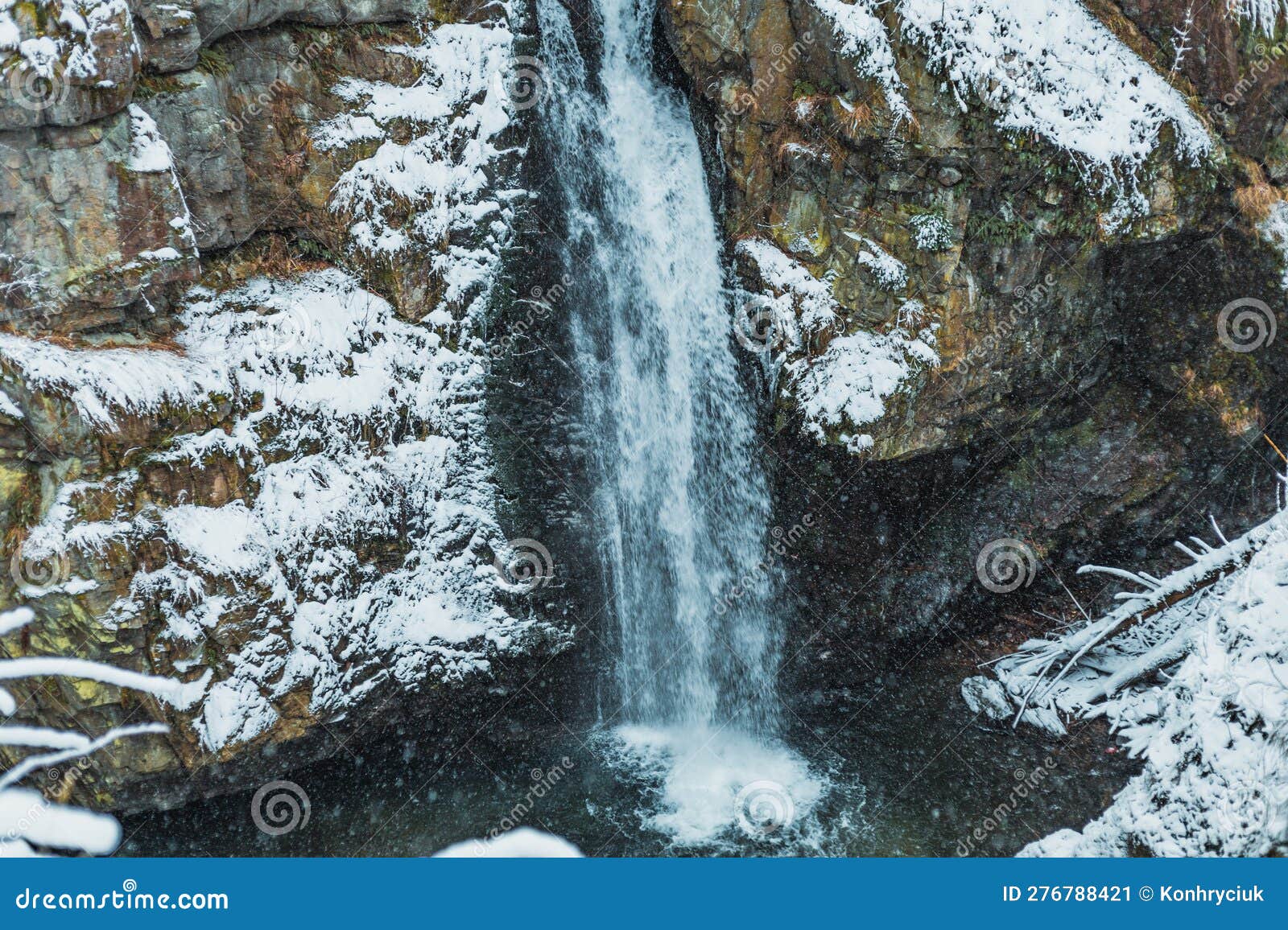 Waterfall in Snowy Mountains during the Winter Stock Image - Image of ...