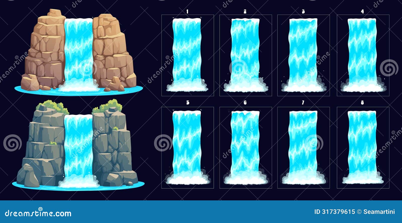 Waterfall Sprite Sheet Animation of Water Cascade Stock Vector ...