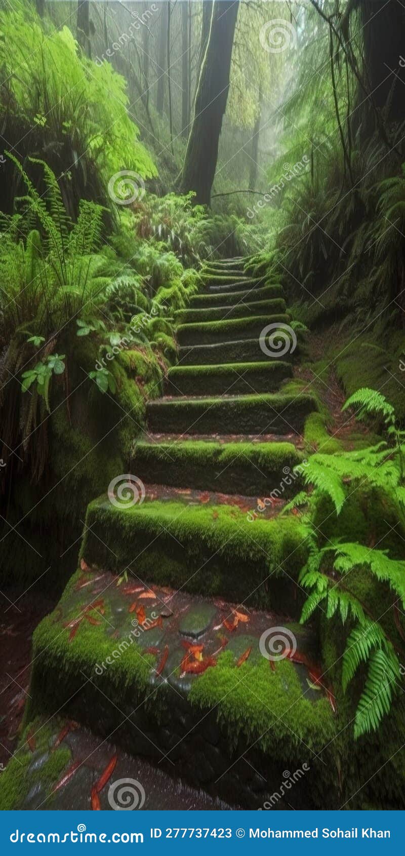 Waterfall Stone Steps Path Covered with Shamrock Clovers and Tiny Green ...