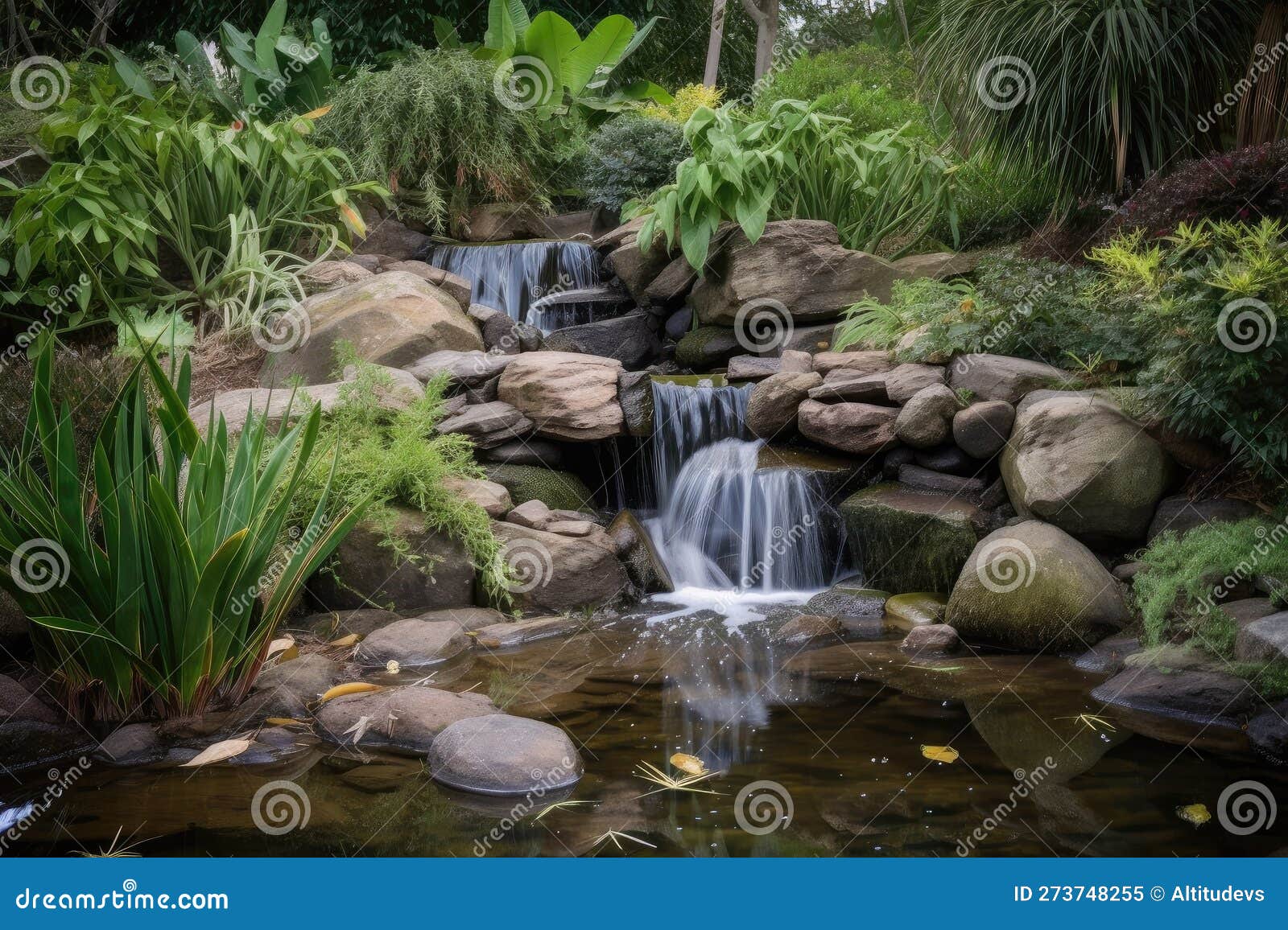 Waterfall and Stream Flowing from Pond into Garden Setting Stock Image ...