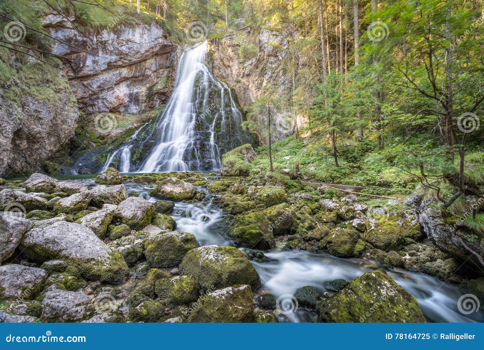 Waterfall with Stream in Idyllic Forest Stock Image - Image of creek ...