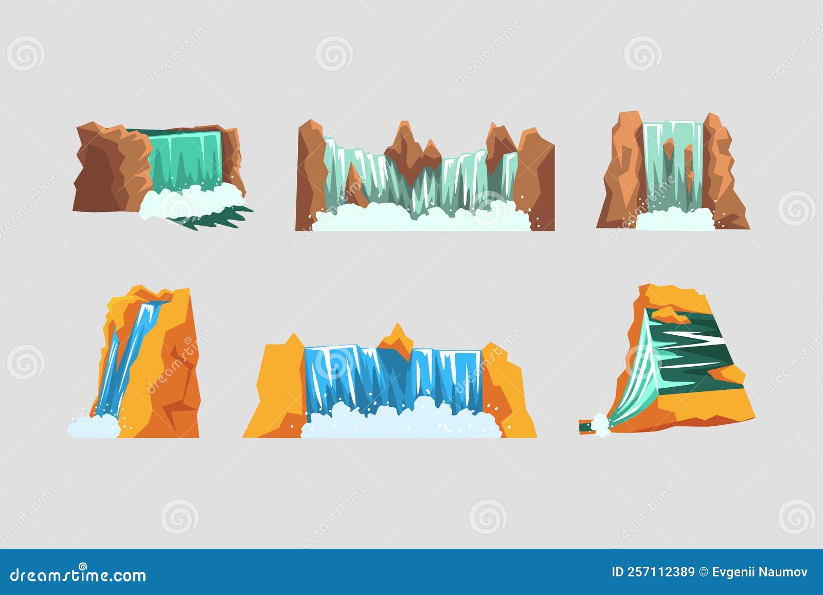 Waterfall Streams Flowing from Cliffs. Set of Mountains and Waterfalls ...