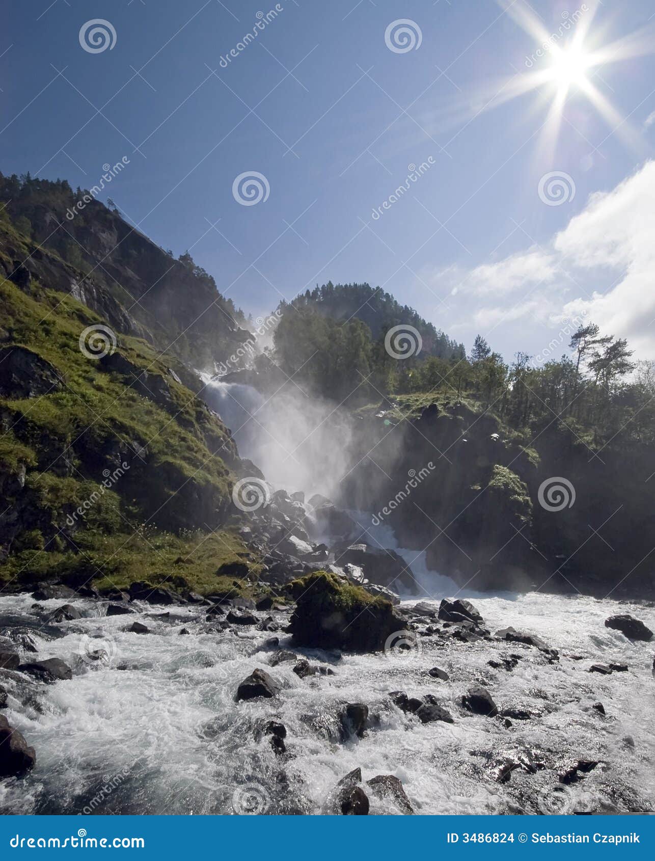 Waterfall and sun stock photo. Image of beatiful, mountains - 3486824