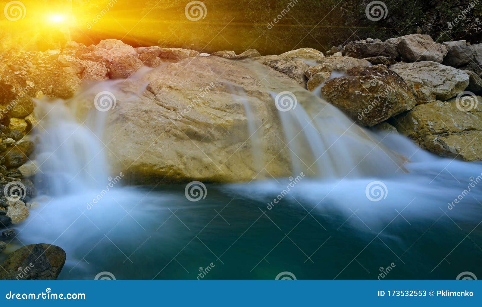 Waterfall on Sunset Background Stock Image - Image of beautiful ...