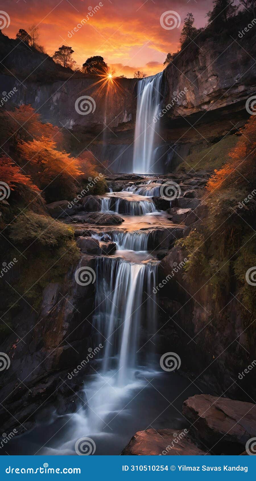 Waterfall at Sunset in the Mountains. Beautiful Natural Landscape with ...