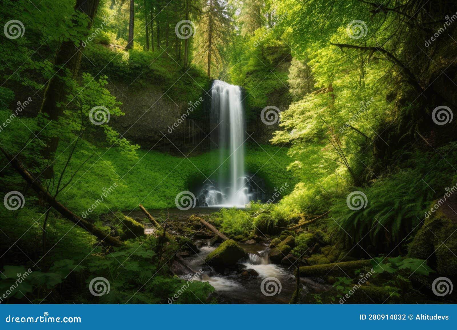 Waterfall Surrounded by Lush Greenery and Towering Trees Stock Photo ...