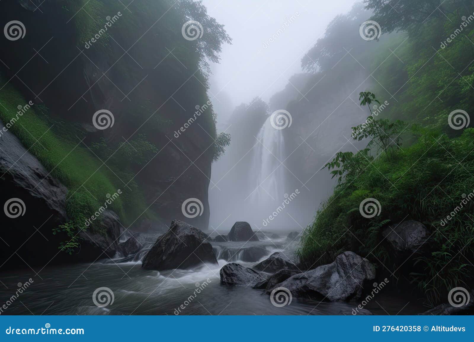 Waterfall Surrounded by Misty Fog, Creating Mysterious and Atmospheric ...