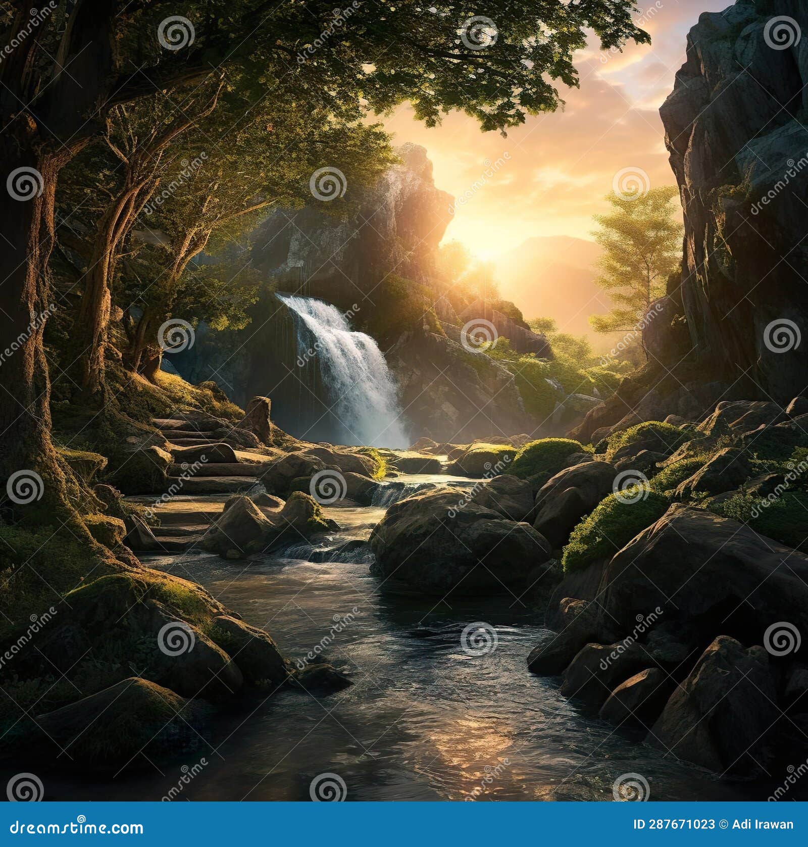 A Waterfall with a Tree on the Left Side Illustration 3d Stock Image ...
