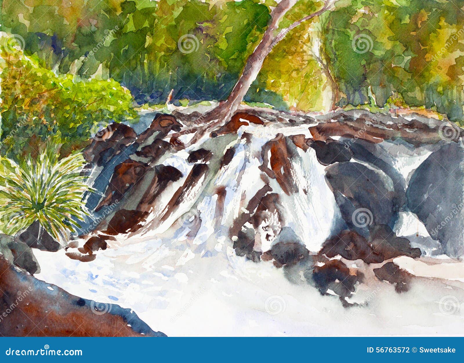 Waterfall Watercolor Painted Stock Illustration - Illustration of ...