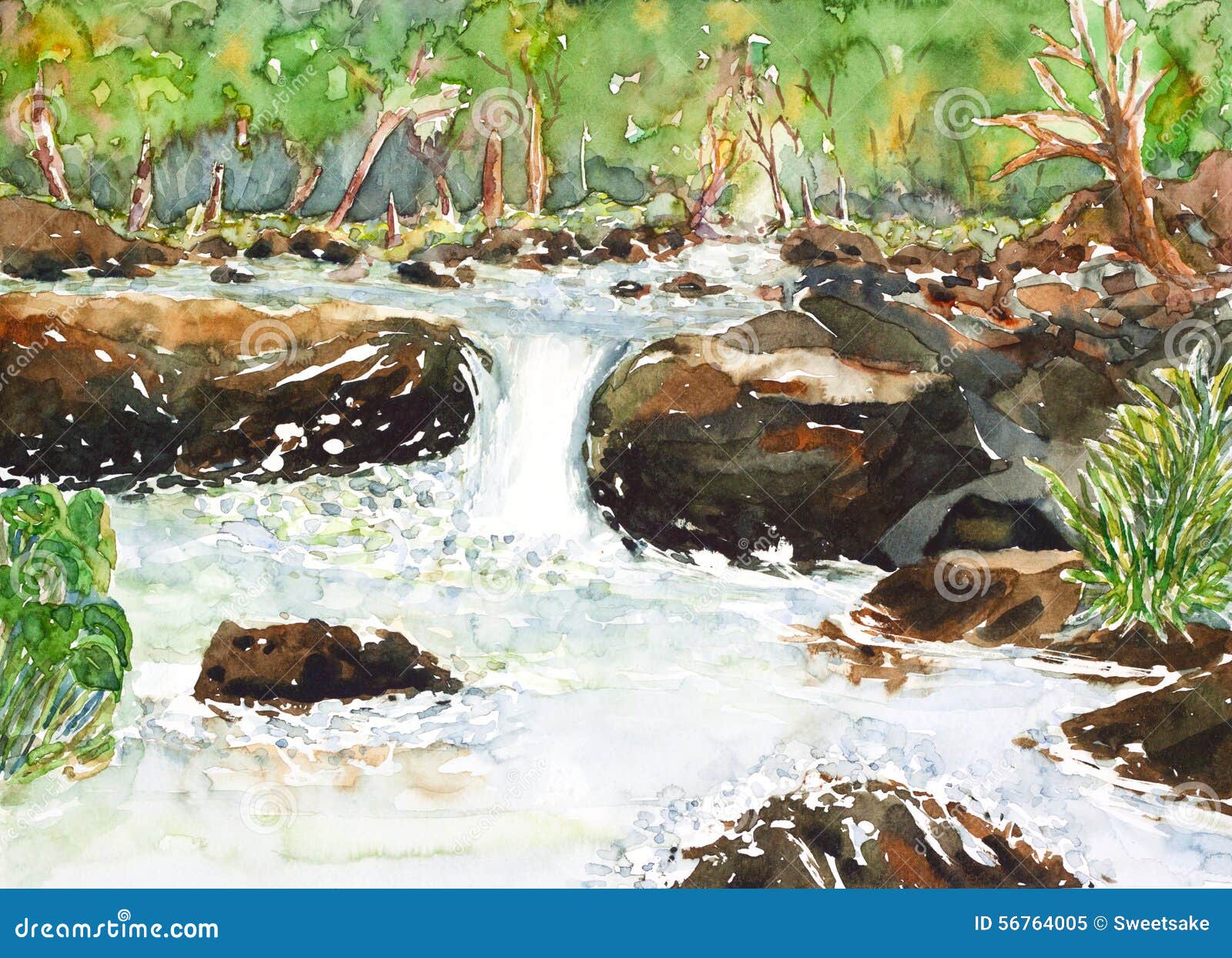 Waterfall Watercolor Painted Stock Illustration - Illustration of ...