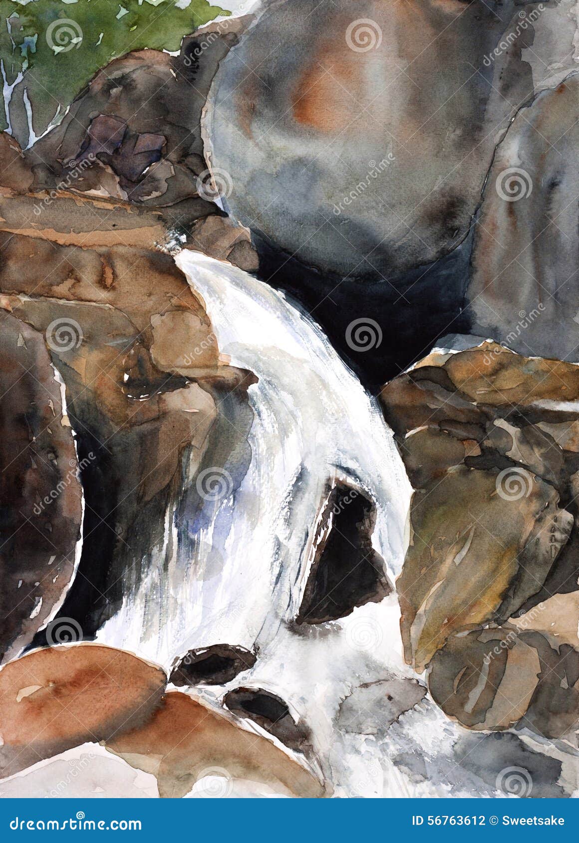 Waterfall Watercolor Painted Stock Illustration - Illustration of paper ...