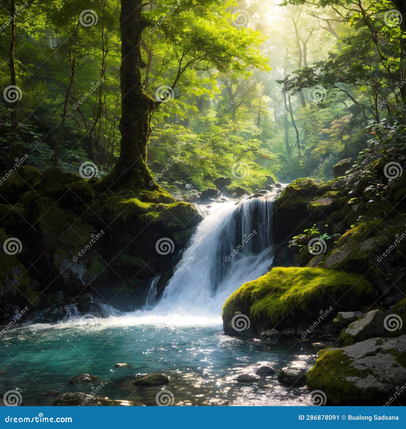 Waterfall in Wild Forest. Rock Tree at Waterfall Cascade Made with ...