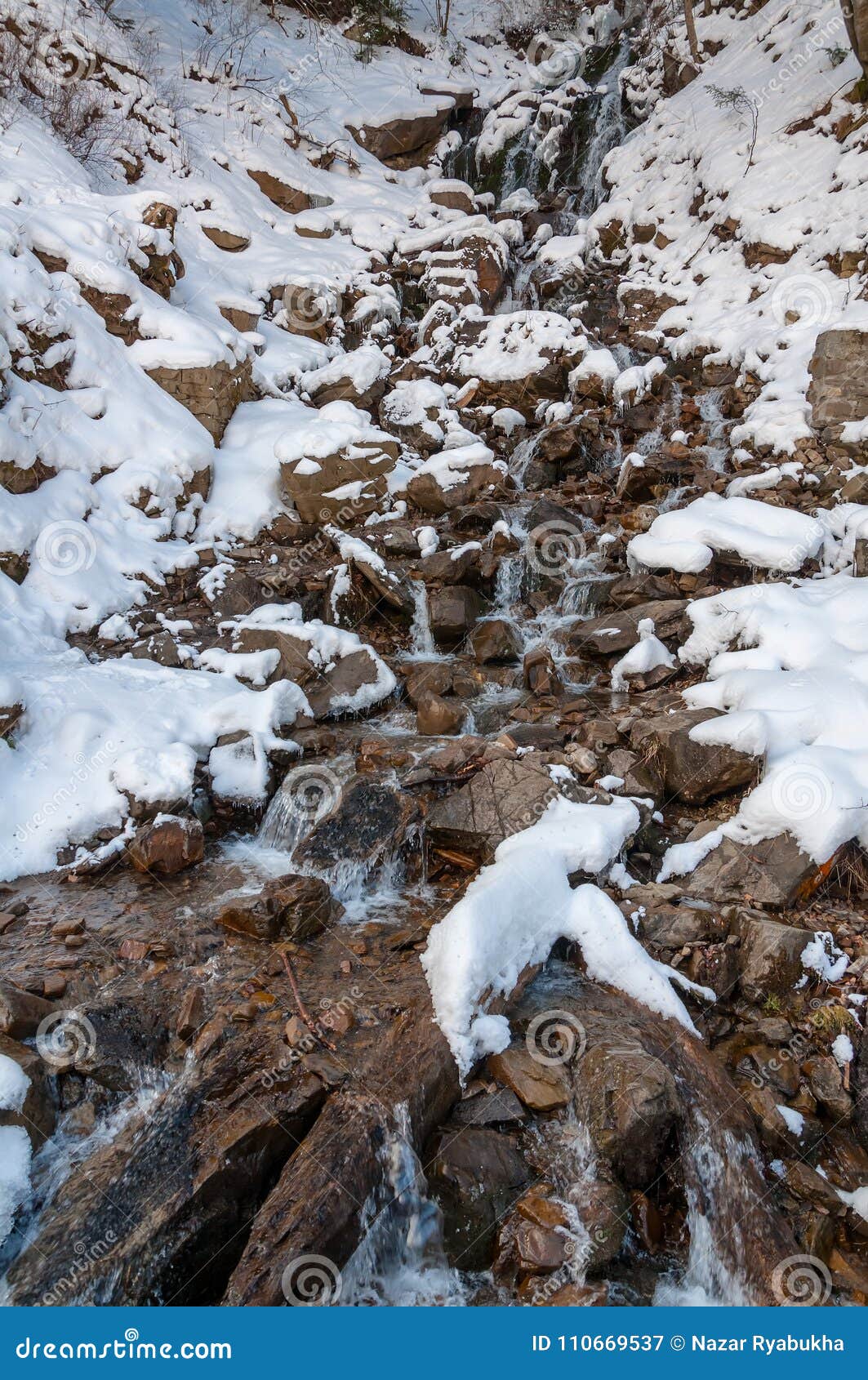 Waterfall in Winter. Mountain River and Snow on the Mountain Slopes ...