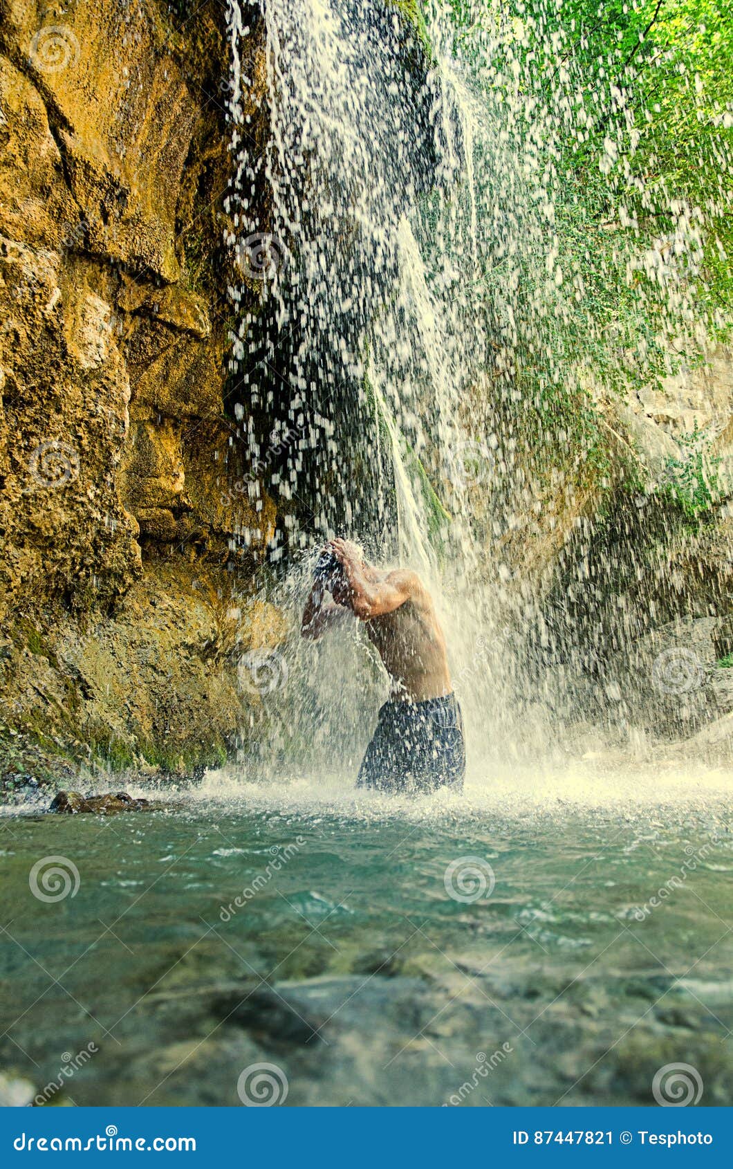 Waterfall. Young Man Refreshing in Waterfall Stock Image - Image of ...