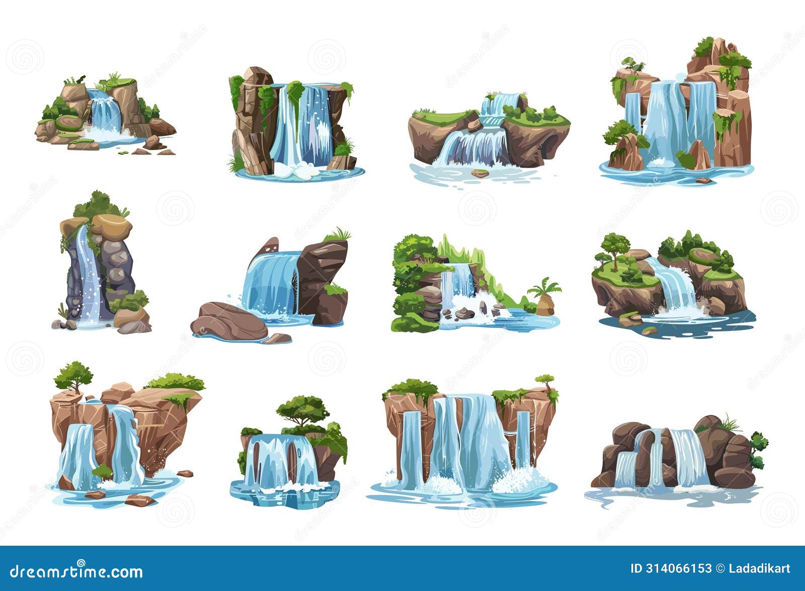 Waterfalls Cartoon Elements. Nature Waterfall Landscape with Stones and ...