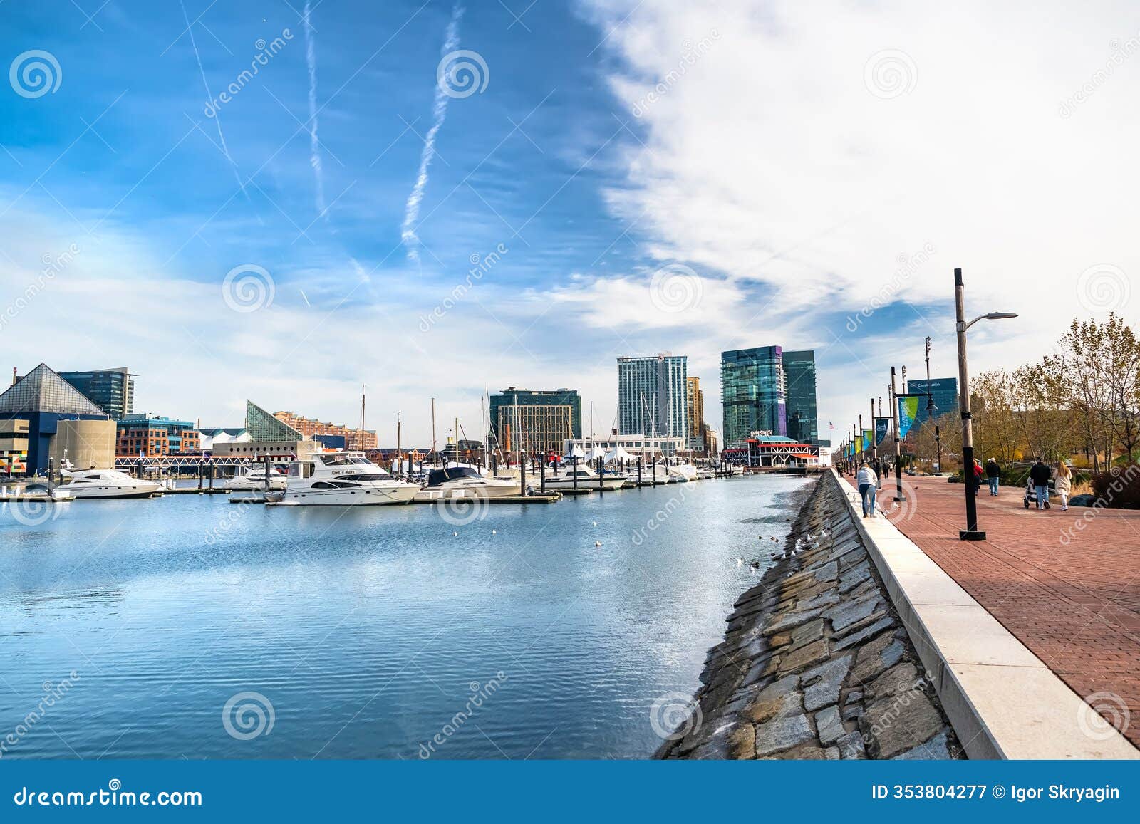Waterfront with Brick Sidewalk at the Marina in Baltimore Inner Harbor ...