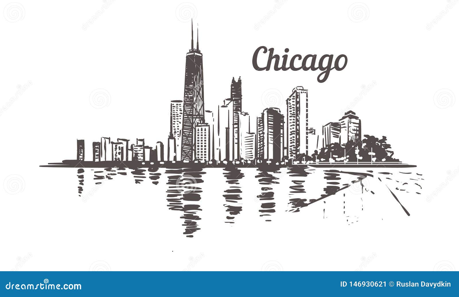 Waterfront Chicago Drawn Sketch. Chicago Skyline Isolated Stock ...