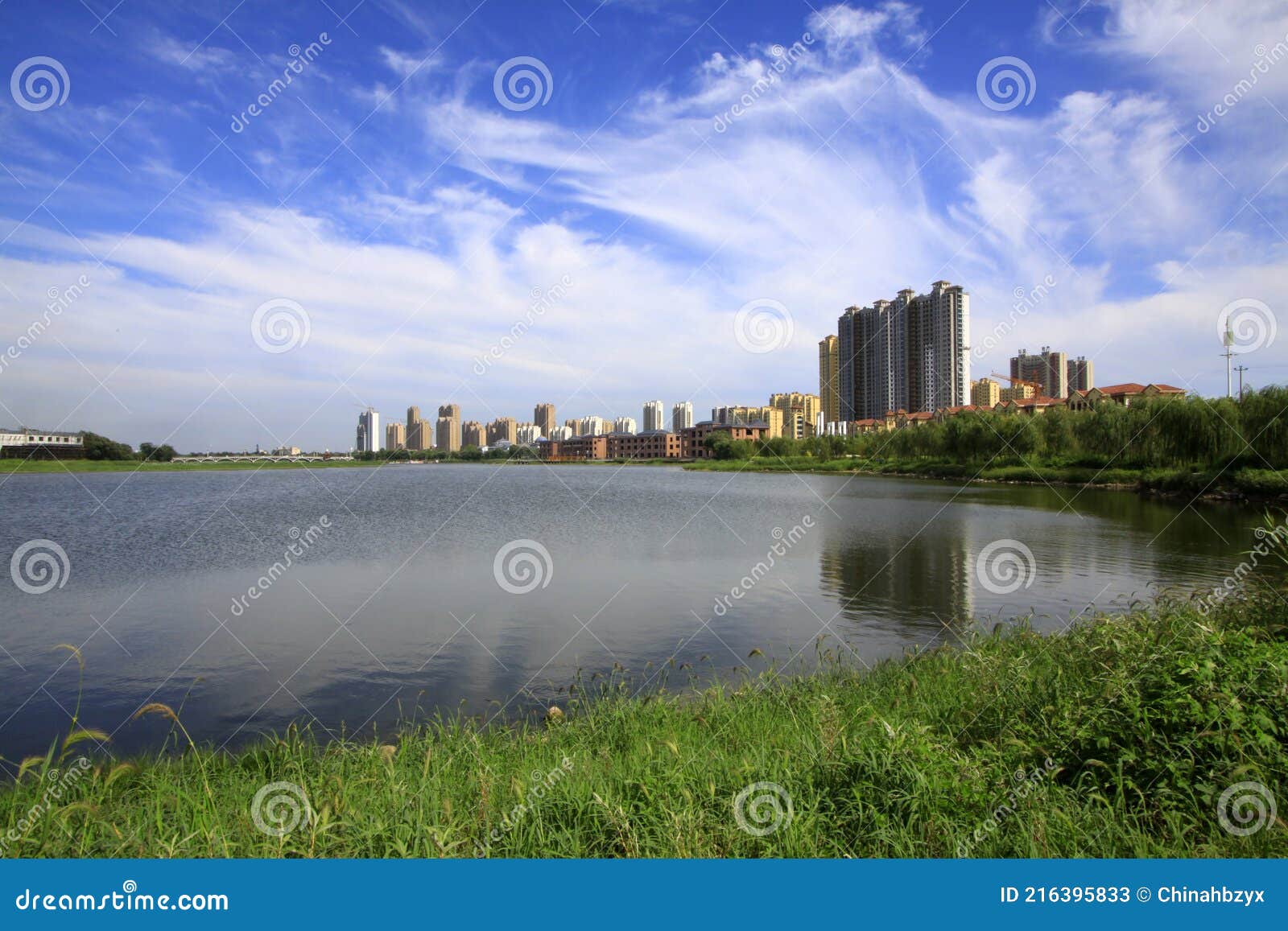 Waterfront City Building Scenery Stock Image - Image of nature, green ...