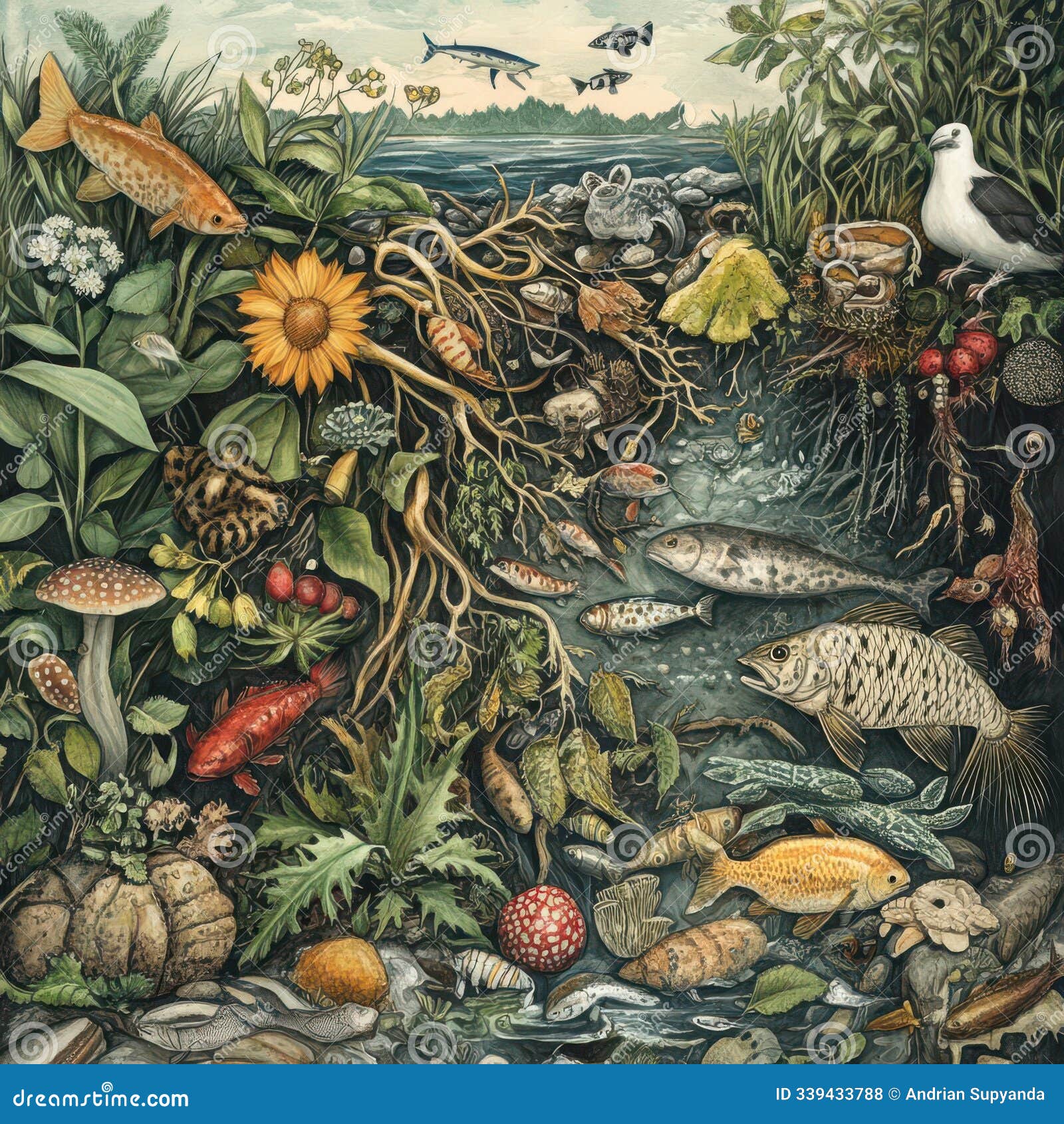 Waterfront Ecosystem, Diverse Life in a River Stock Illustration ...
