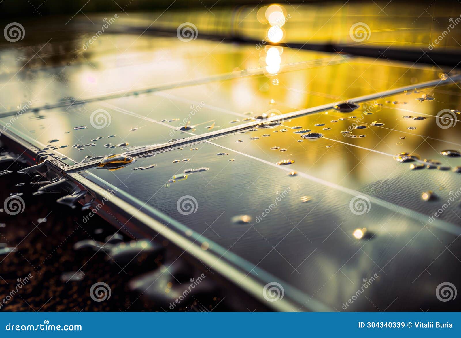 Solar Panel with Water Droplets on the Surface of the Water, Generative ...