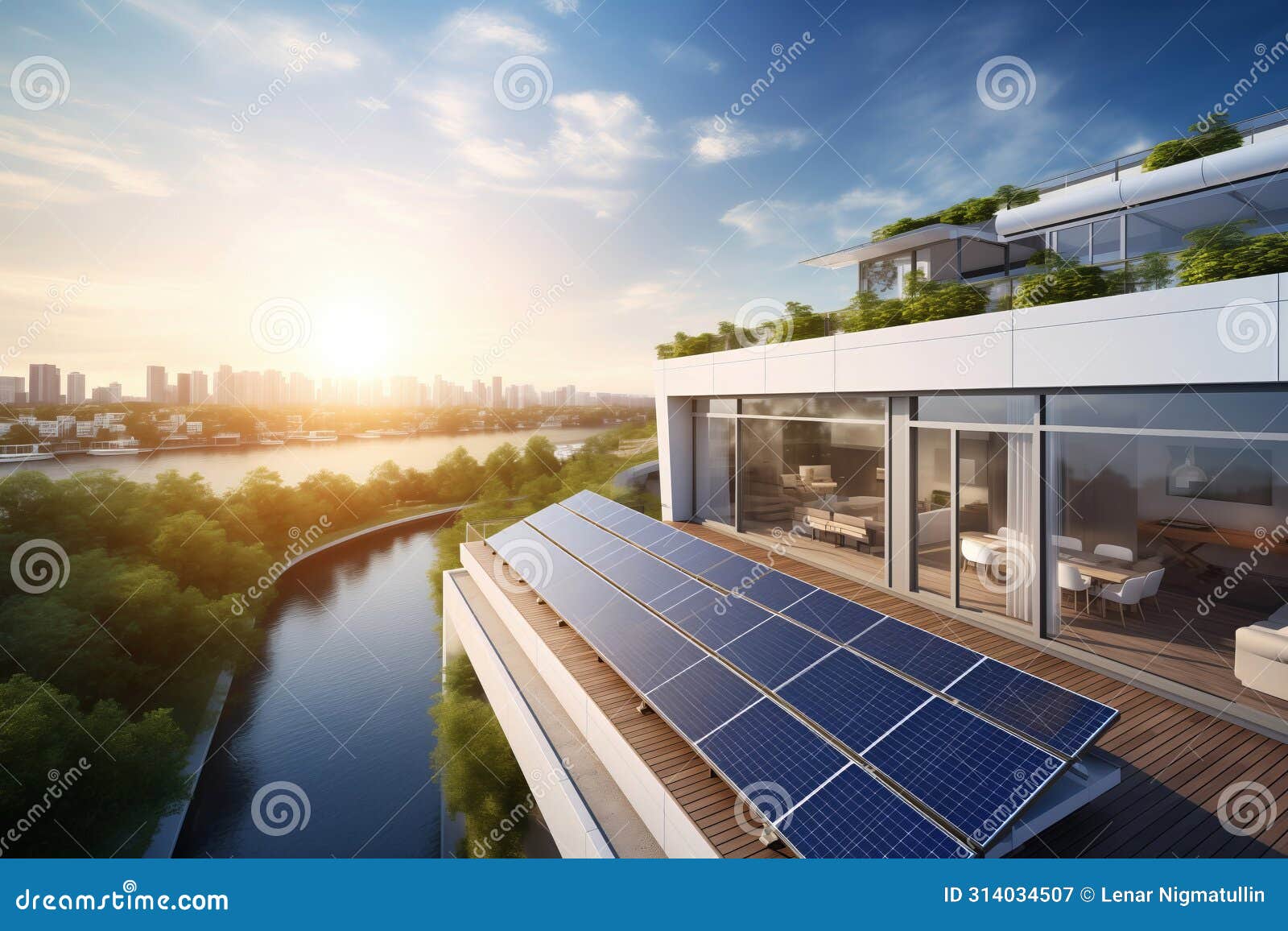 Waterfront Modern Home with Solar Panels at Dawn Stock Image - Image of ...