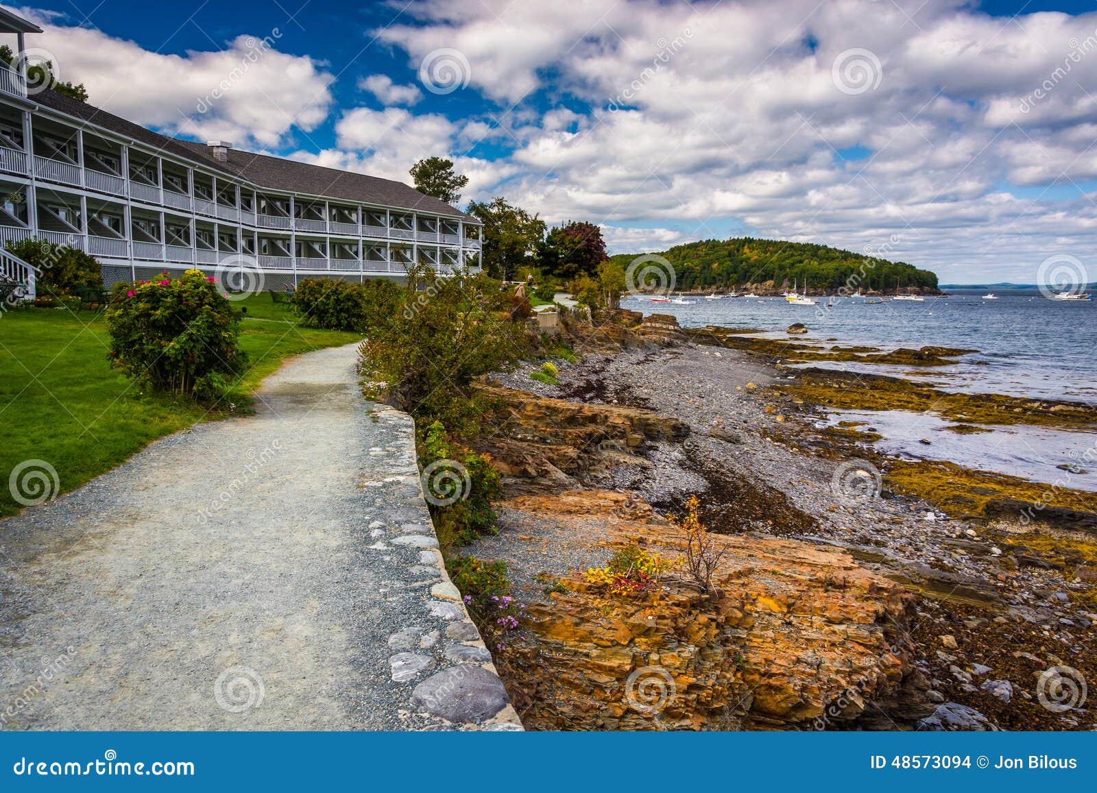 Waterfront Path and Hotel in Bar Harbor, Maine. Stock Photo - Image of ...